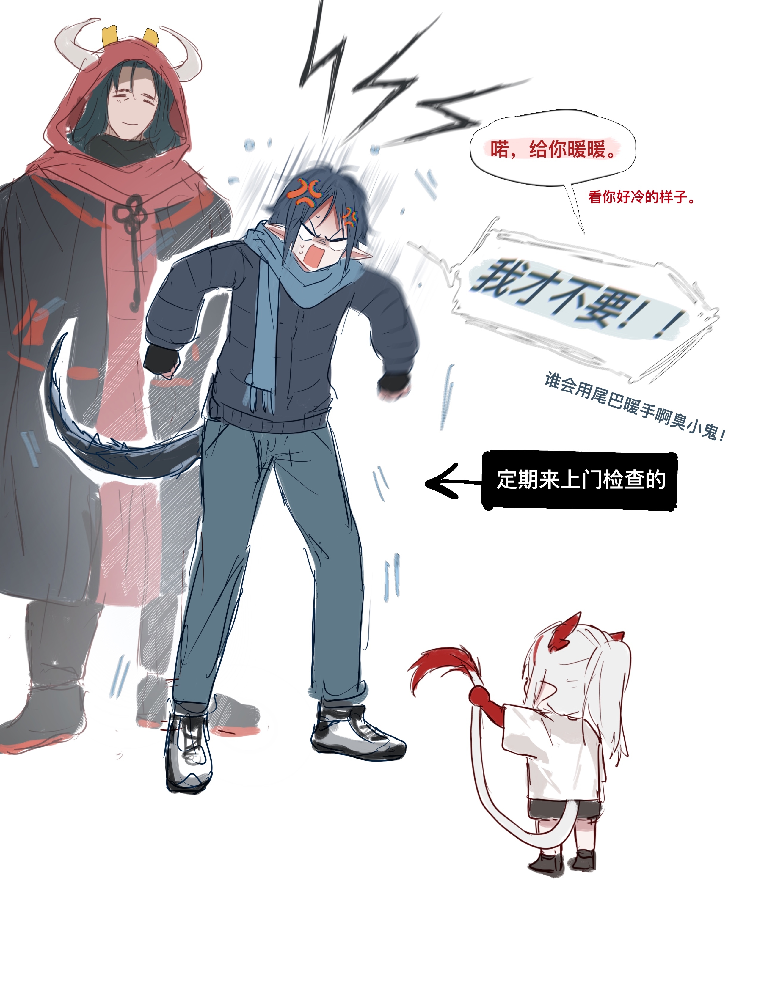 Safebooru - 1girl 2boys ^ ^ absurdres aged down anger vein arknights black hair blue jacket blue ...