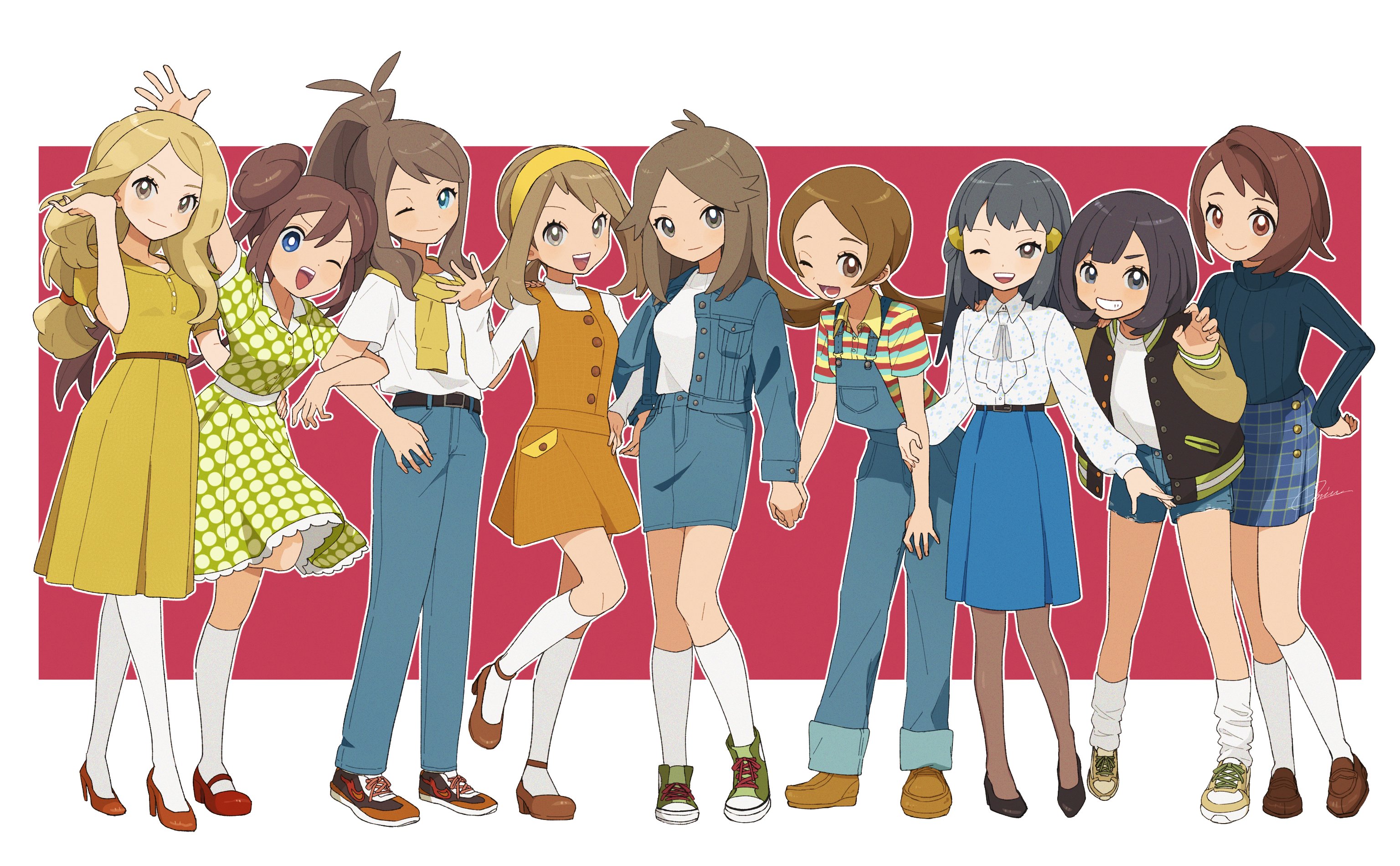 Safebooru - 6+girls :d ;) alternate costume antenna hair bangs belt black belt black footwear ...