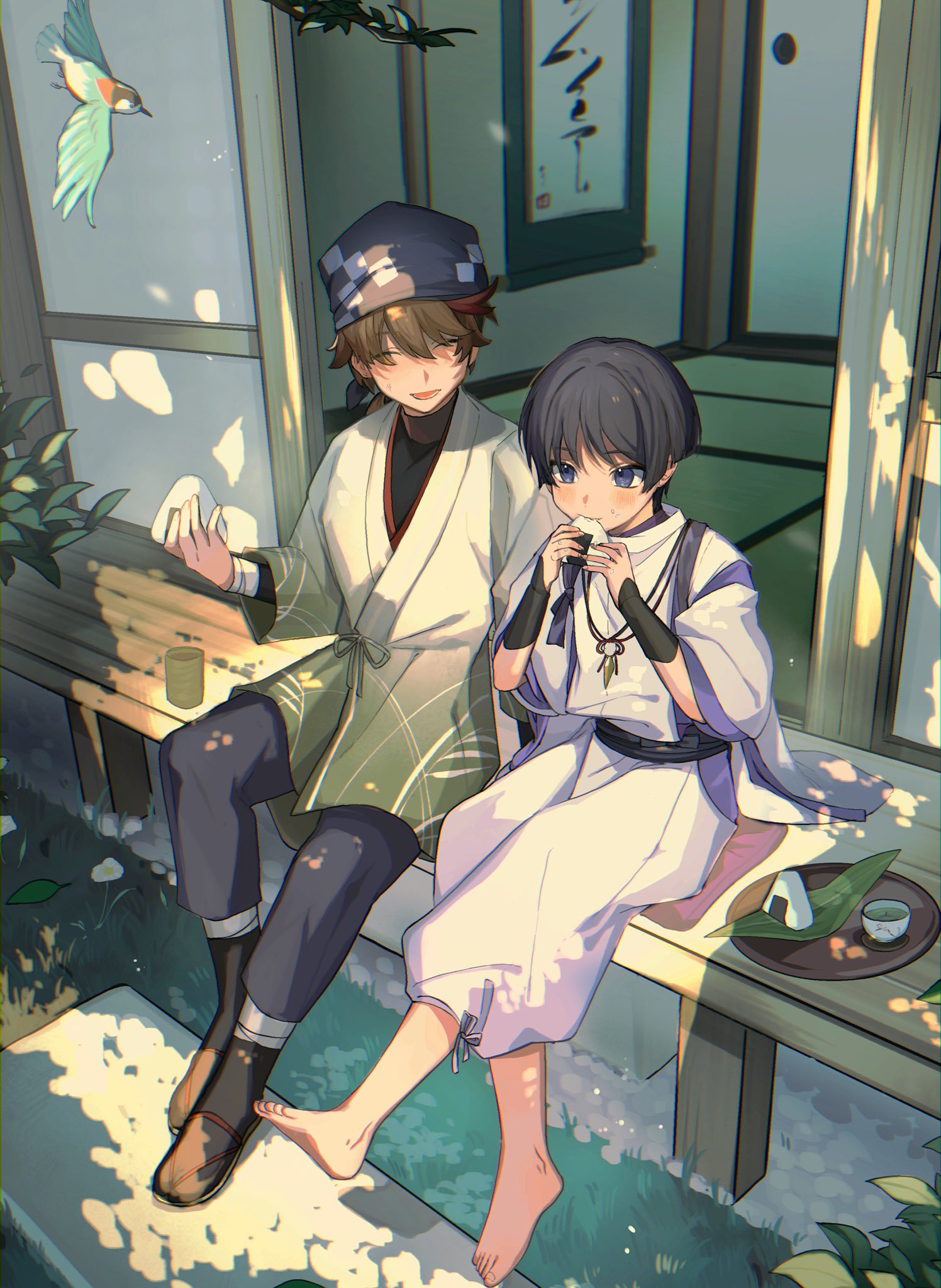 Safebooru - 2boys bangs barefoot bird blush choko (cup) closed eyes ...