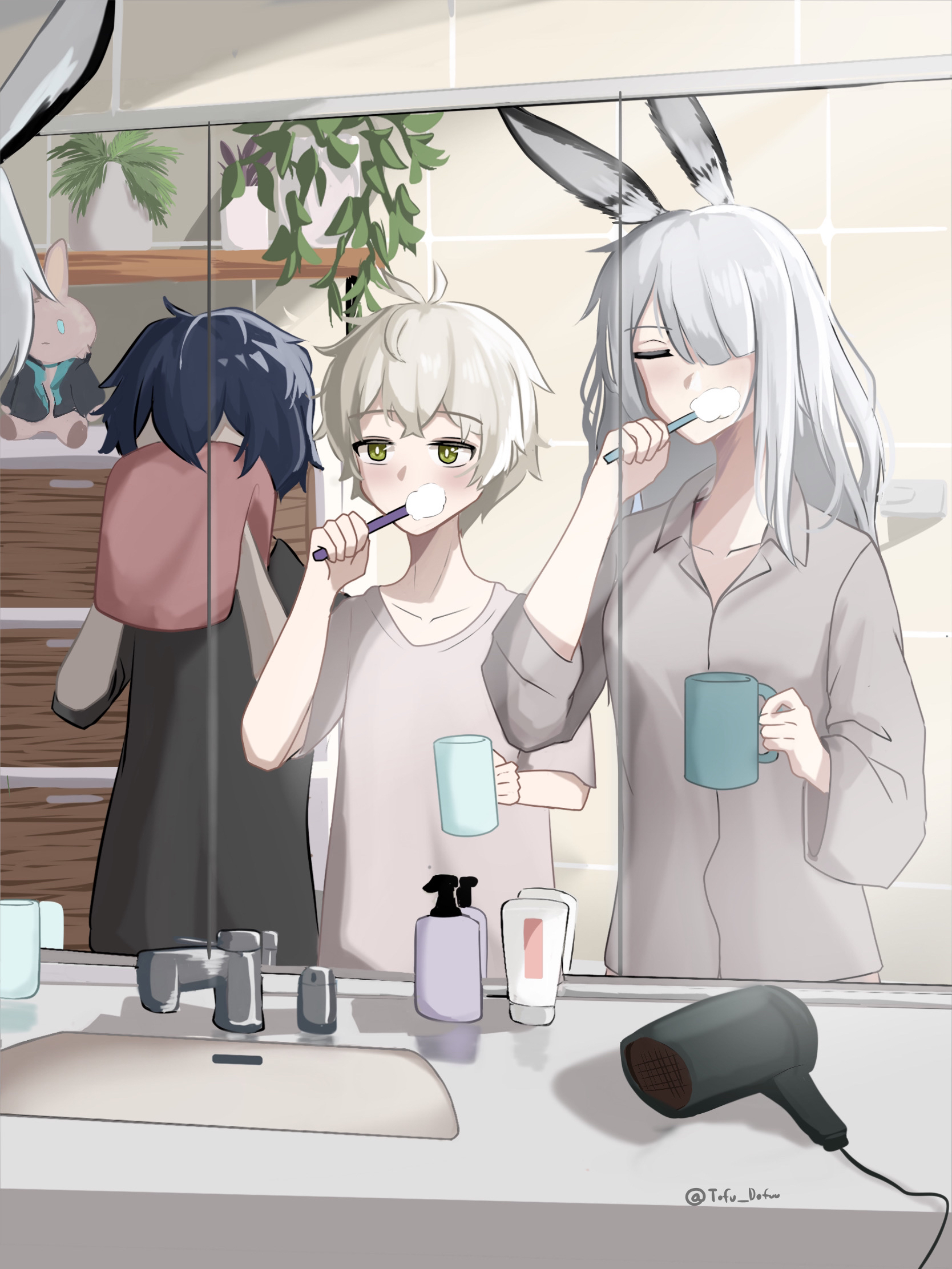 Safebooru - 1girl 2boys amiya (arknights) animal ears antenna hair arknights bathroom black hair ...