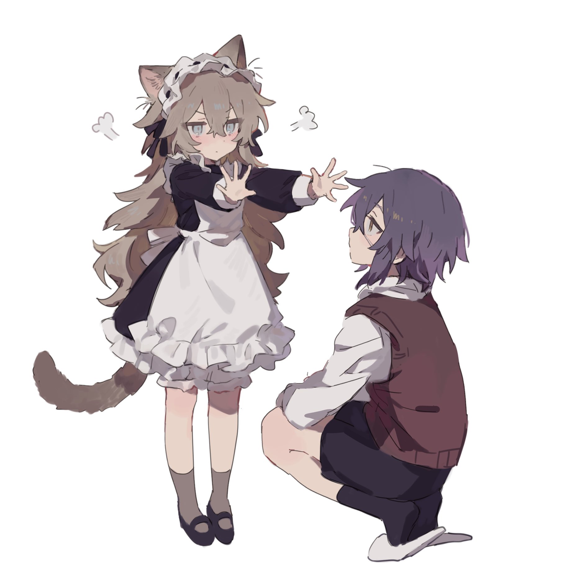 Safebooru - 2girls =3 animal ears apron bangs black dress black footwear black ribbon black ...