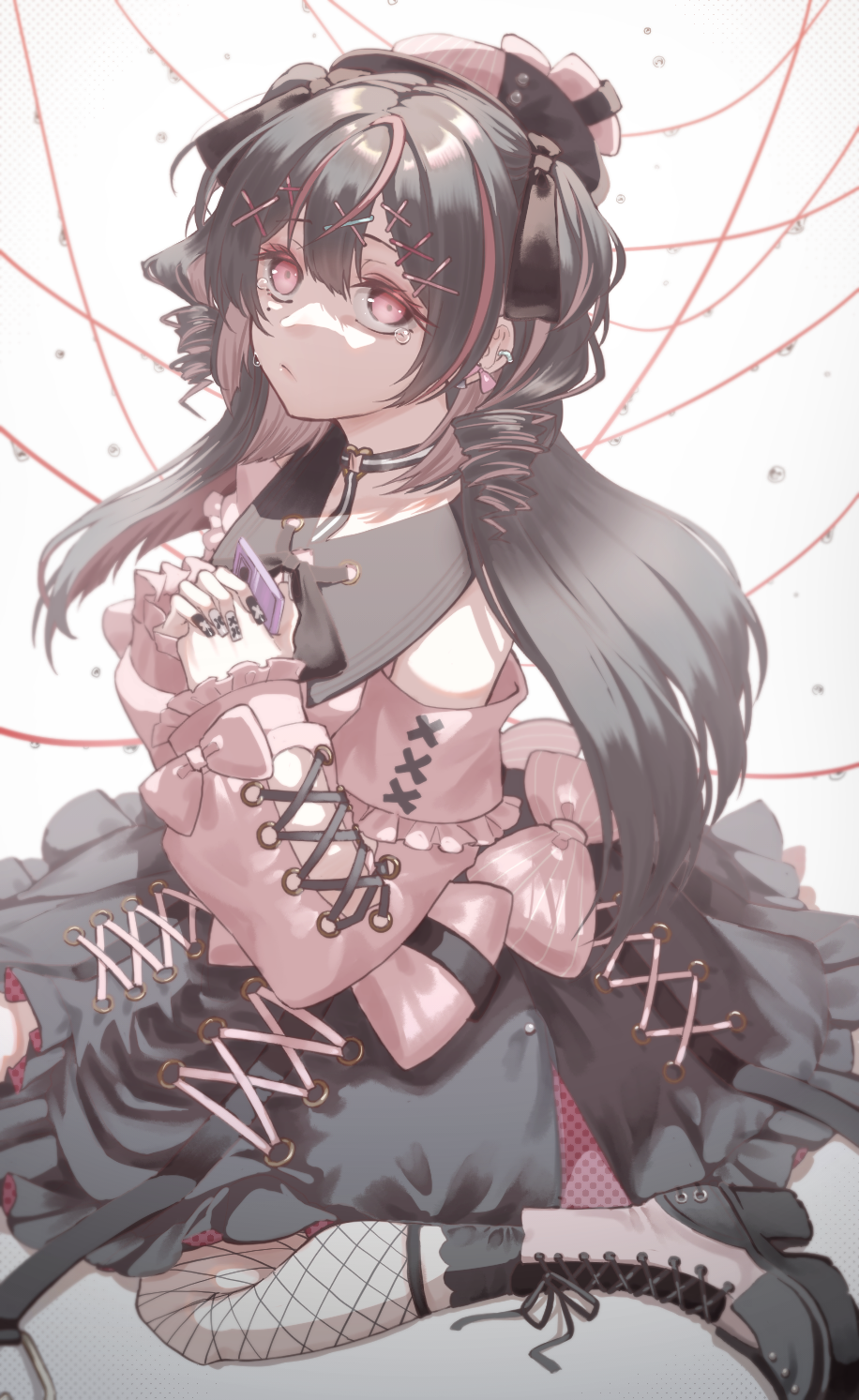 Safebooru - 1girl bangs black footwear black hair black nails black skirt boots bow cellphone ...