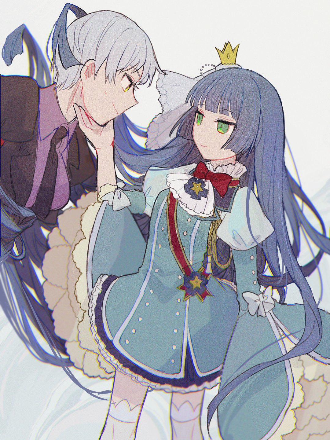 Safebooru - 2girls bakara (zattayo2222) bangs blue dress blue hair crown dress green eyes grey ...
