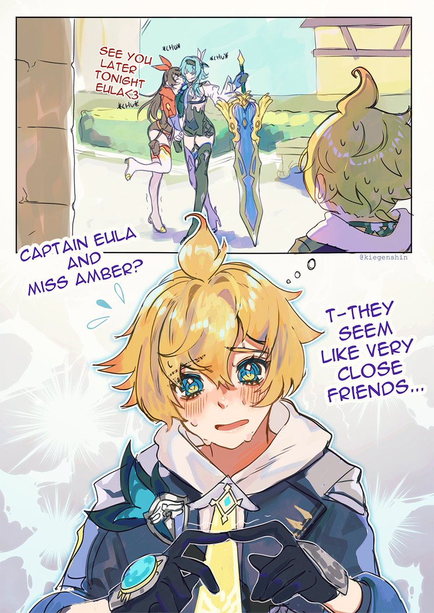 Safebooru - 1boy 2girls ahoge amber (genshin impact) bangs black gloves black hairband black ...