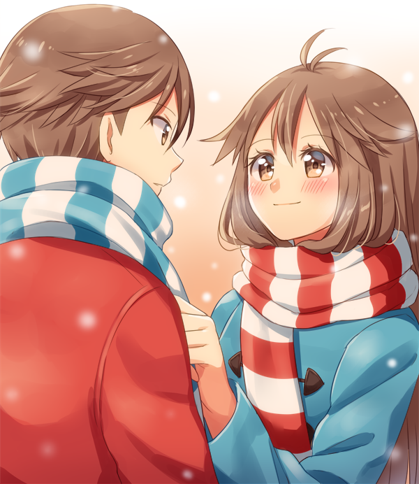 Safebooru - 1boy 1girl adapted costume antenna hair bangs blue jacket blush brown eyes brown ...