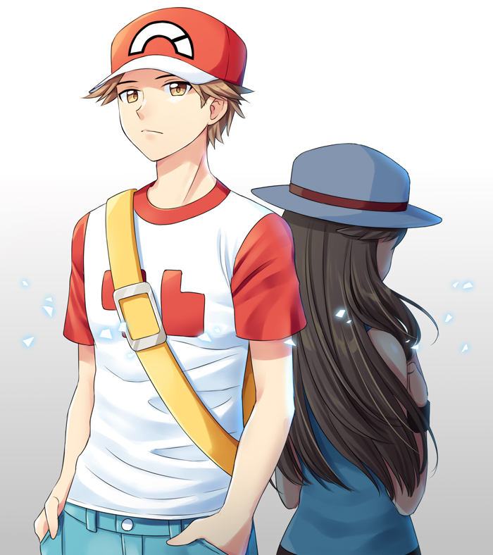 Safebooru - 1boy 1girl back-to-back backpack bag blue shirt brown eyes brown hair closed mouth ...