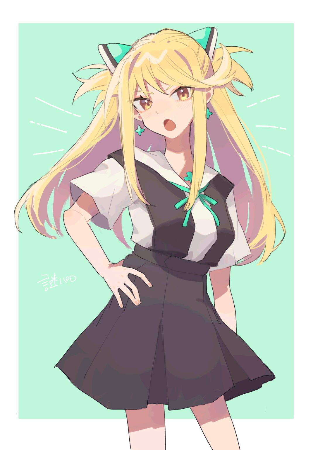 Safebooru - 1girl :d bangs black dress blonde hair bow cheese dakke ...