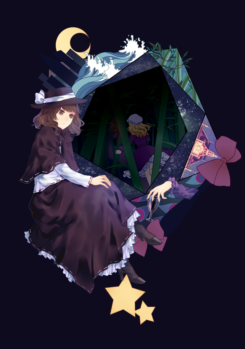 Safebooru - 2girls bamboo black capelet black footwear black headwear black skirt blonde hair ...