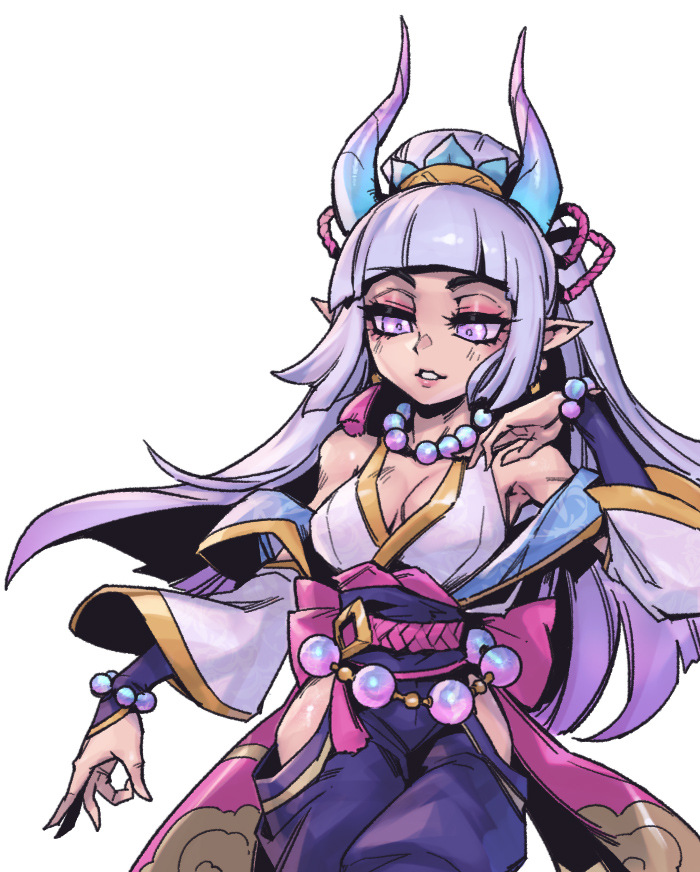 Safebooru - 1girl bangs bare shoulders bead necklace beads blunt bangs breasts cowboy shot ...