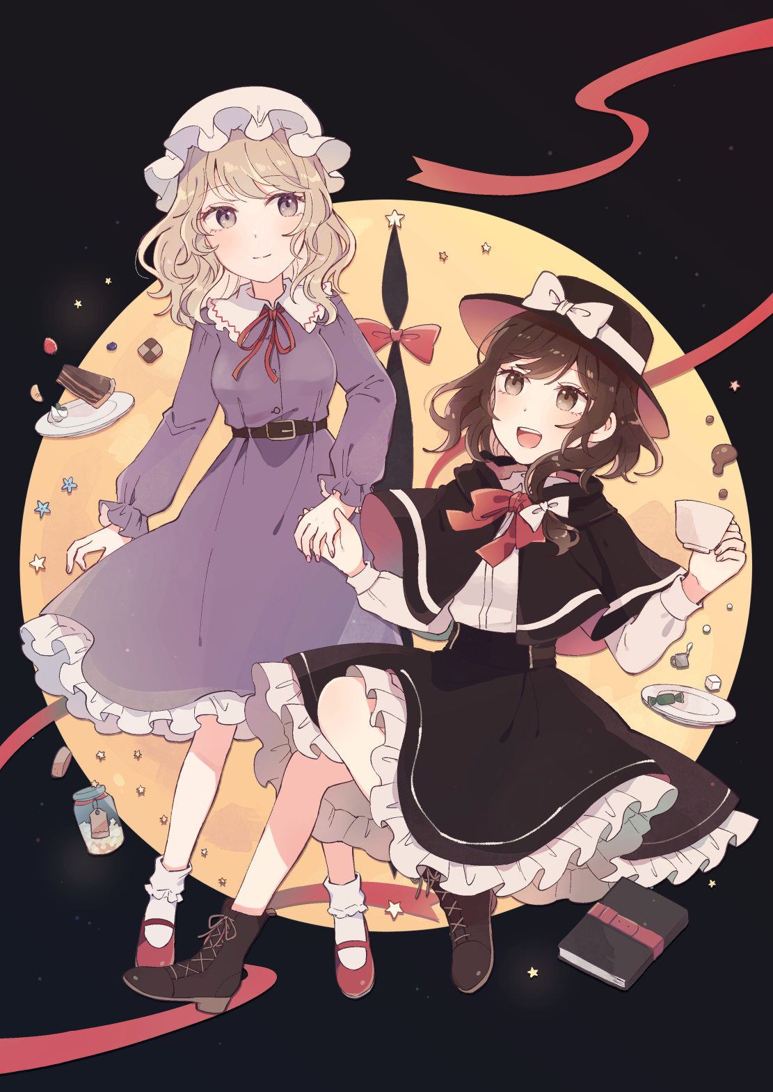 Safebooru - 2girls :d belt belt buckle black belt black capelet black headwear black skirt ...