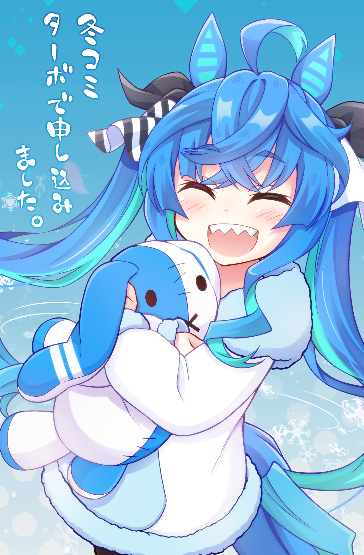 Safebooru - 1girl ahoge animal ears aqua hair bangs blue background blue hair closed eyes coat ...