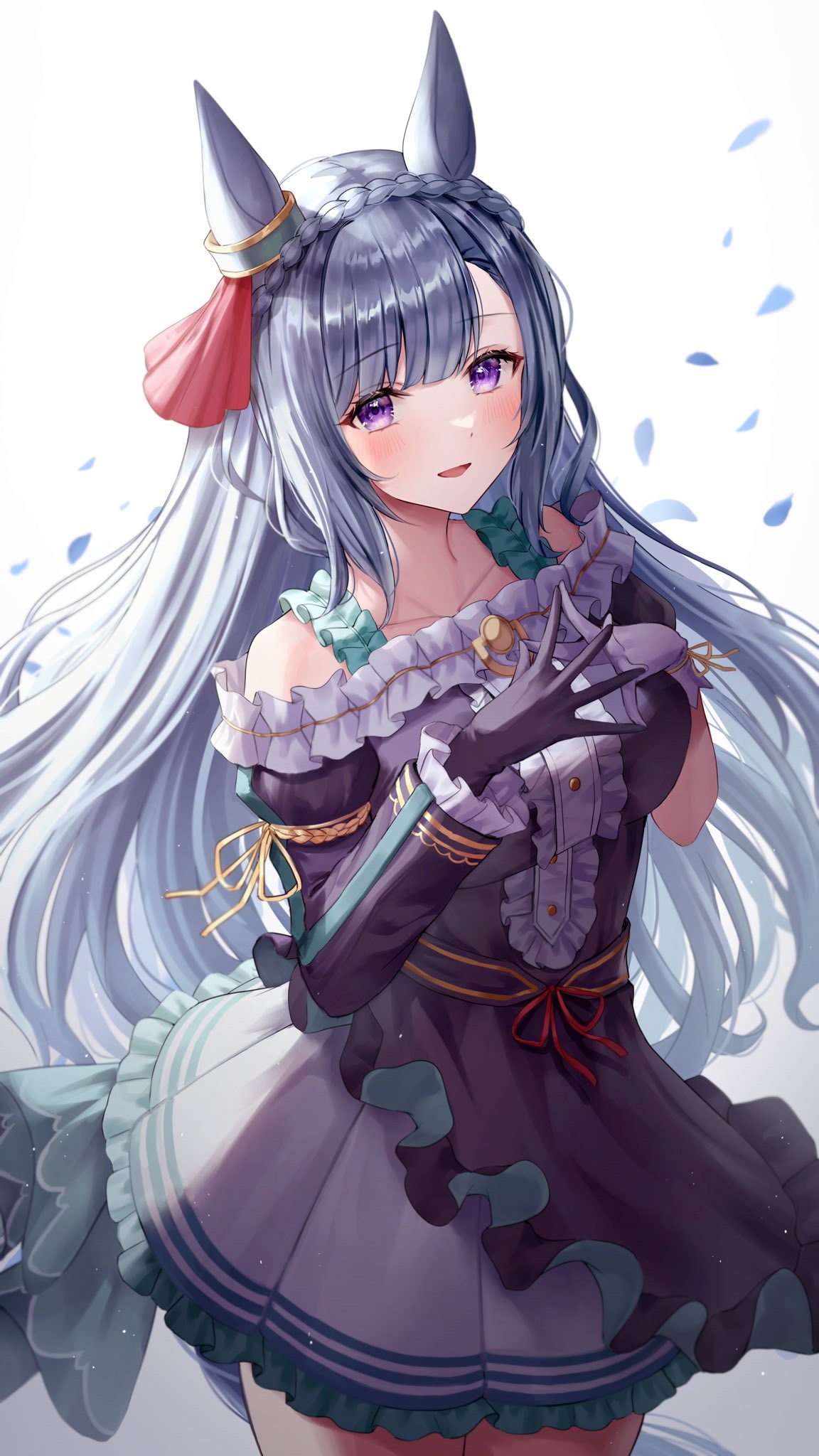 Safebooru - 1girl animal ears asymmetrical gloves bare shoulders black gloves black shirt blue ...