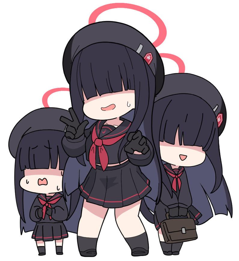 Safebooru - 3girls :d beret black footwear black gloves black hair black headwear black sailor ...