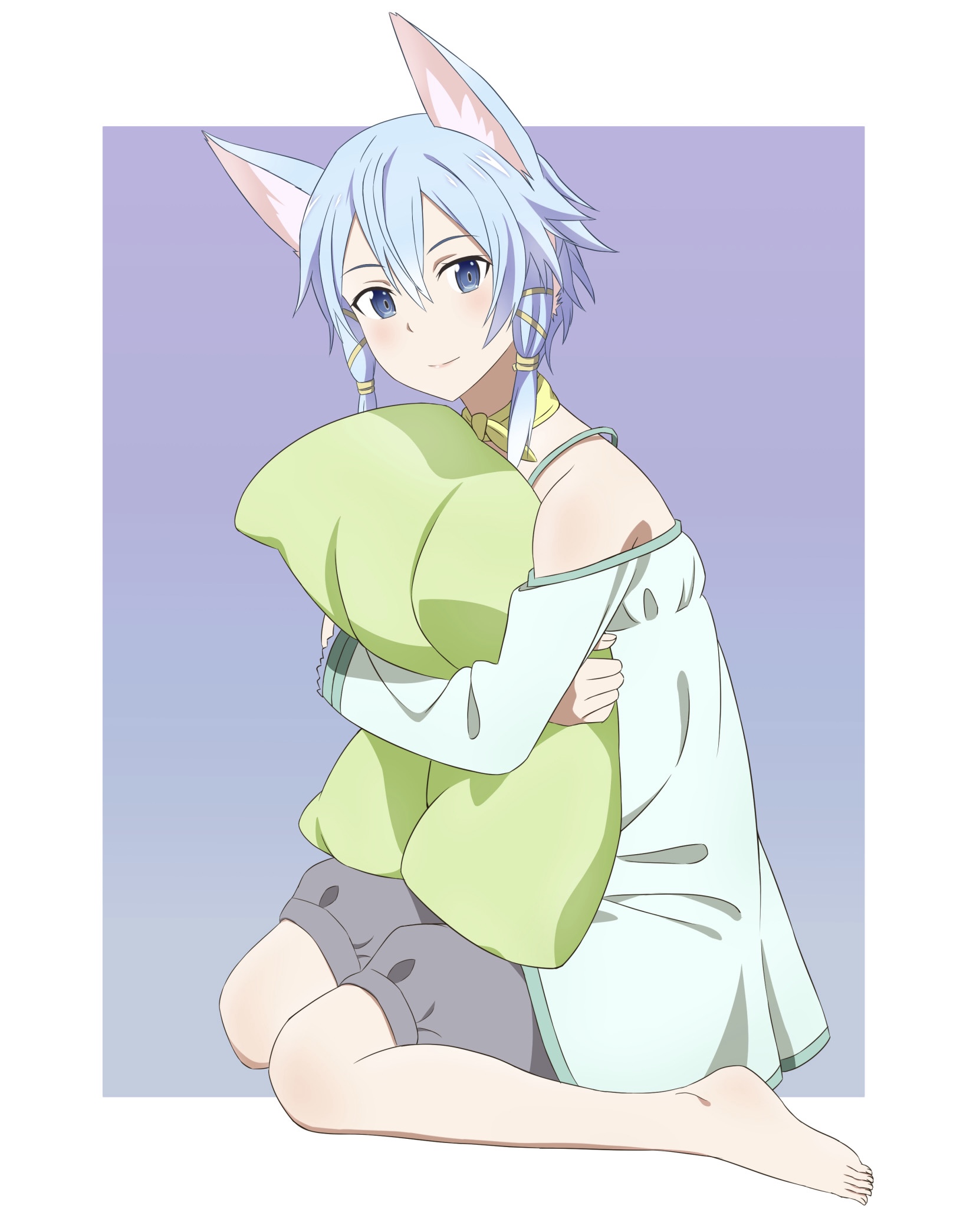 Safebooru - 1girl bangs bare legs barefoot blue eyes blue hair blue shirt border closed mouth ...