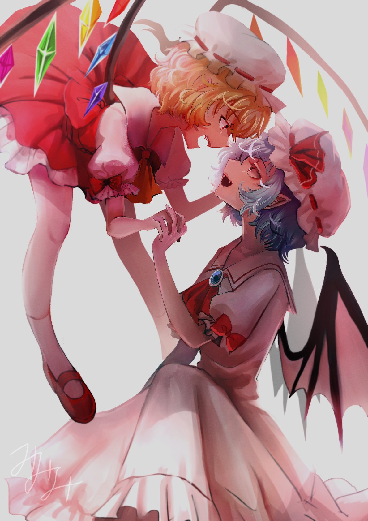 Safebooru - 2girls artist name ascot bangs bat wings blonde hair blue gemstone blue hair bow ...