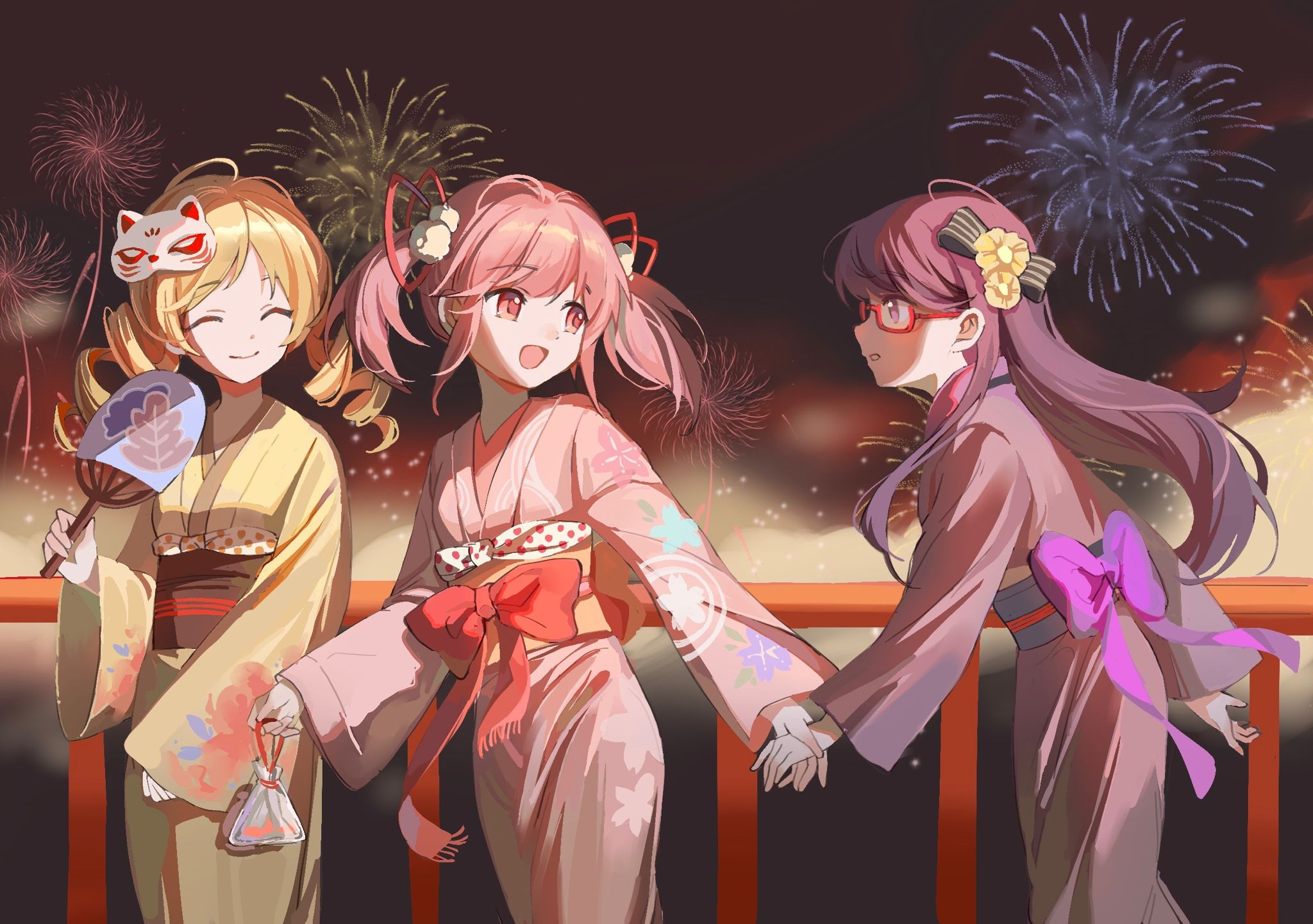 Safebooru - 3girls ^ ^ akemi homura alternate costume bangs blonde hair bow closed eyes ...