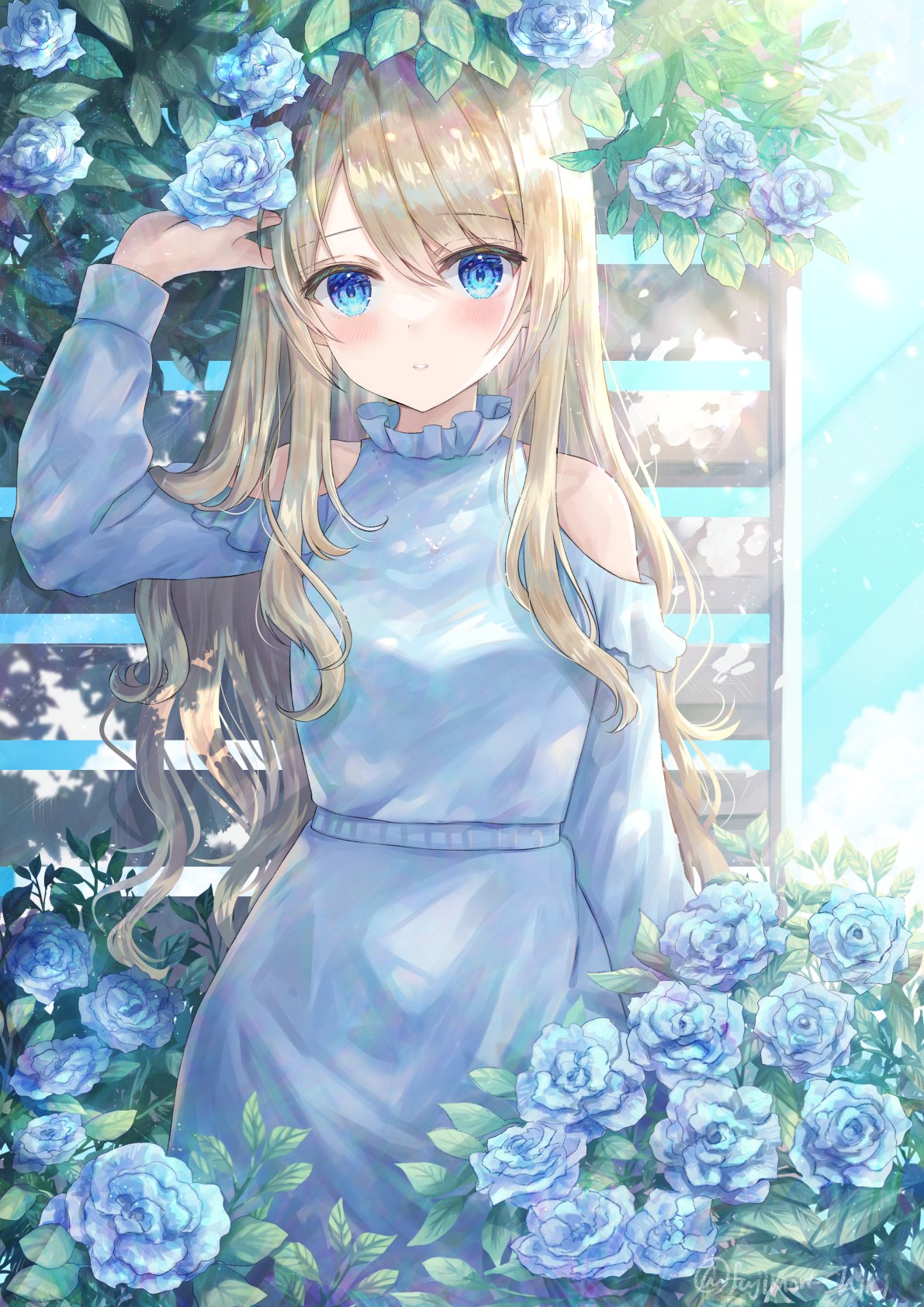 Safebooru - 1girl bangs bare shoulders blonde hair blue eyes blue sky blush day dress flower ...