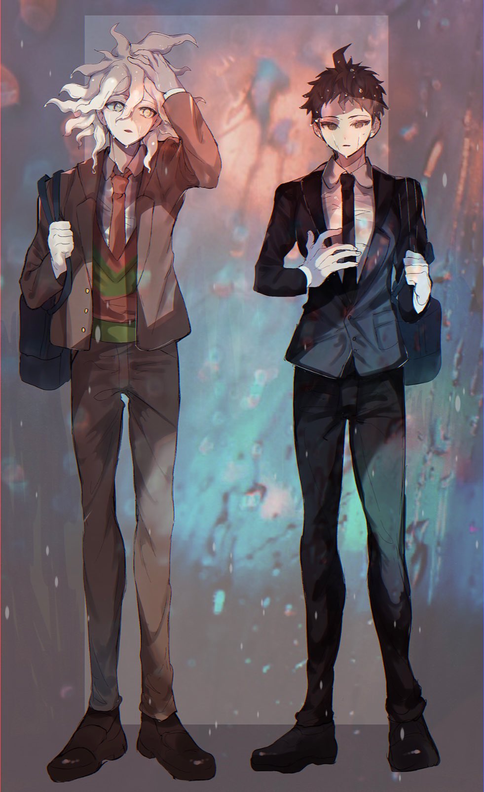 Safebooru - 2boys ahoge arm up bag bangs black footwear black jacket black necktie black pants ...