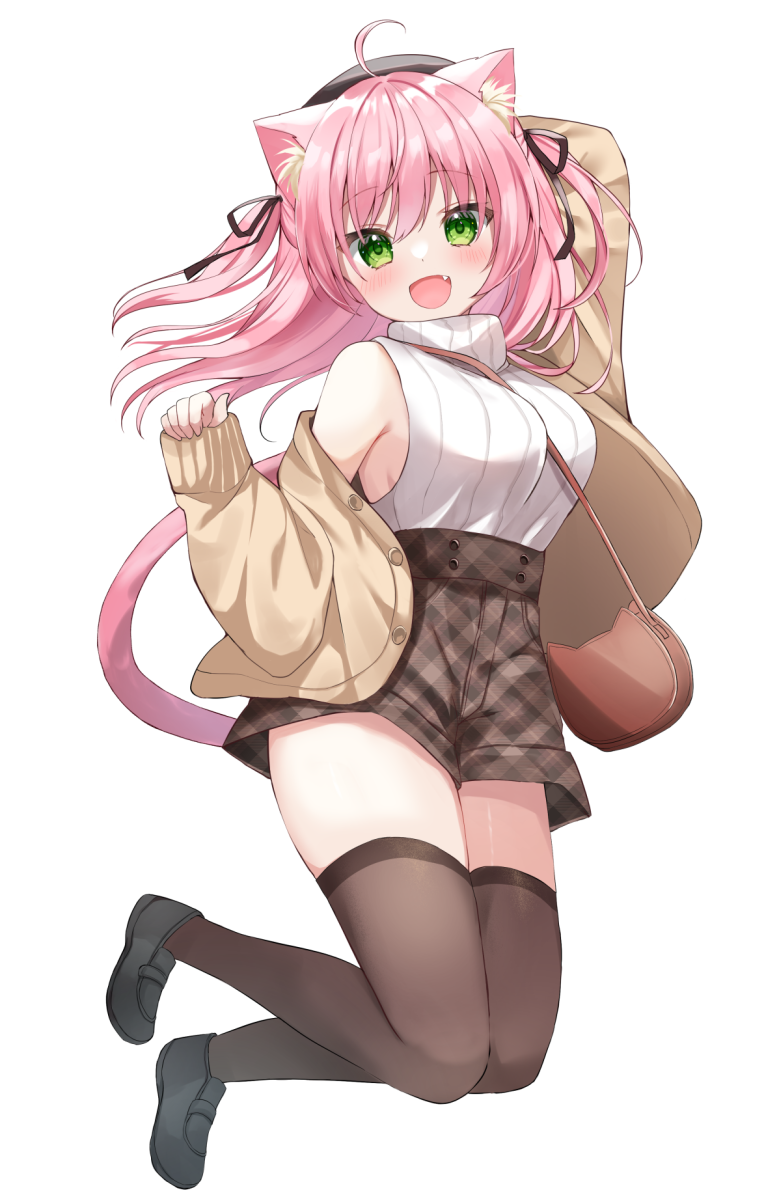 Safebooru - 1girl animal ears arm behind head bag bangs black footwear blush brown jacket brown ...