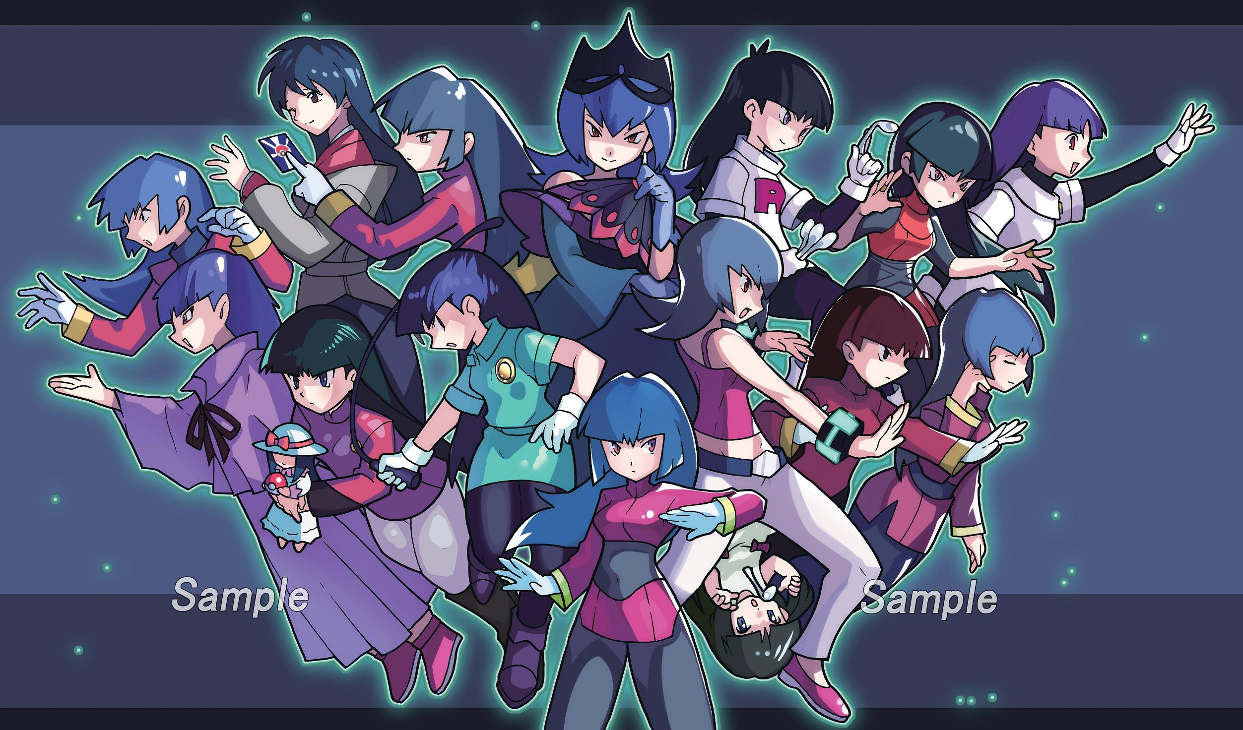 Safebooru - 6+girls bellelba (pokemon) bent spoon black bodysuit black hair black pantyhose blue ...