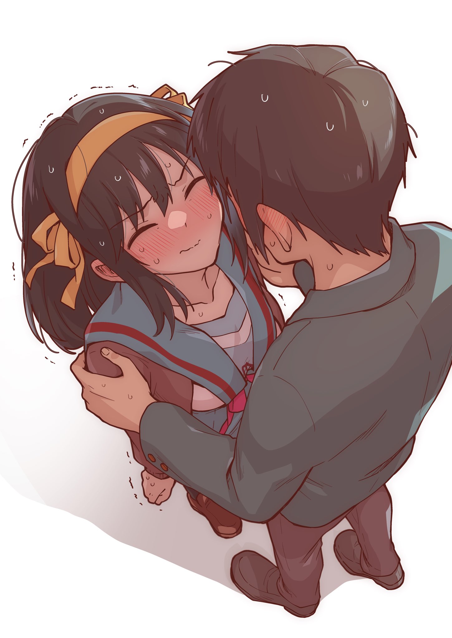 Safebooru - 1boy 1girl bangs blazer blue sailor collar blue skirt blush brown cardigan brown ...