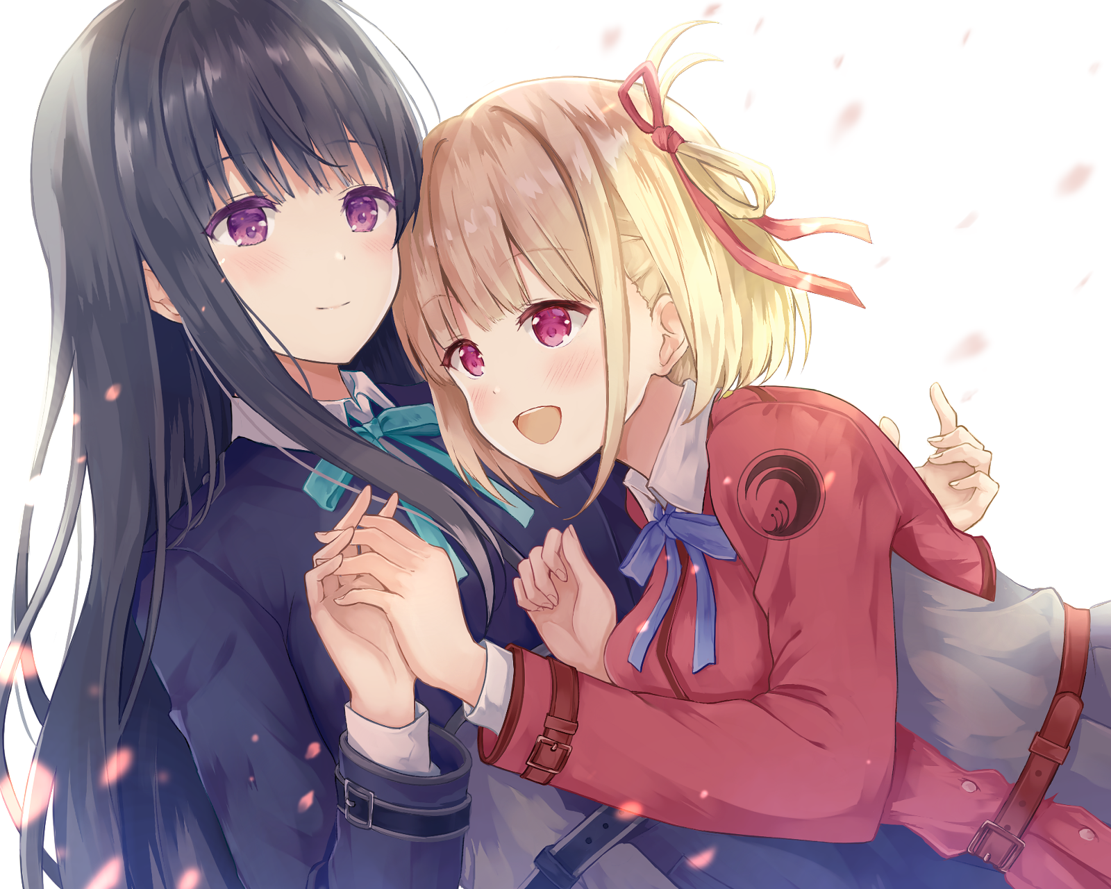 Safebooru - 2girls bangs belt black hair blonde hair blue belt blue dress blue ribbon blush bob ...