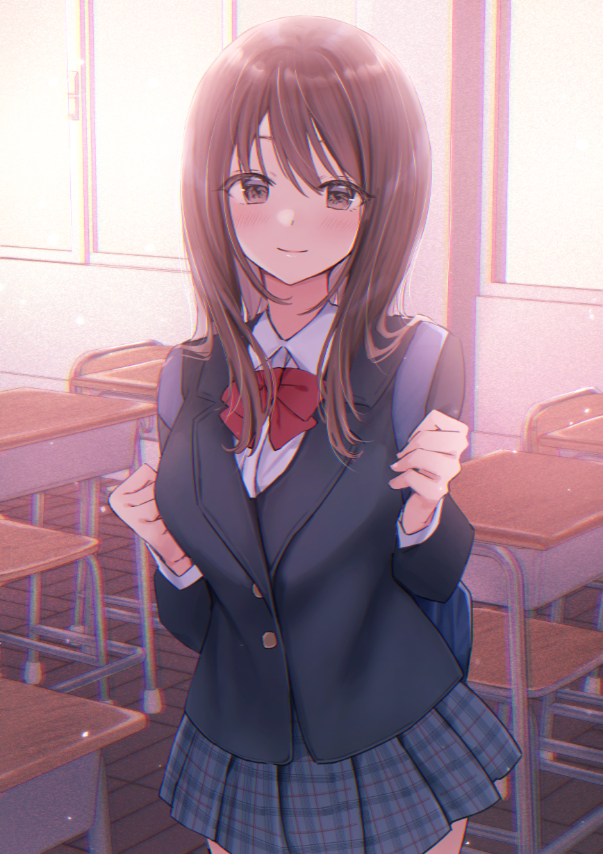 Safebooru - 1girl backlighting backpack bag bangs blue jacket blue skirt blush brown eyes brown ...