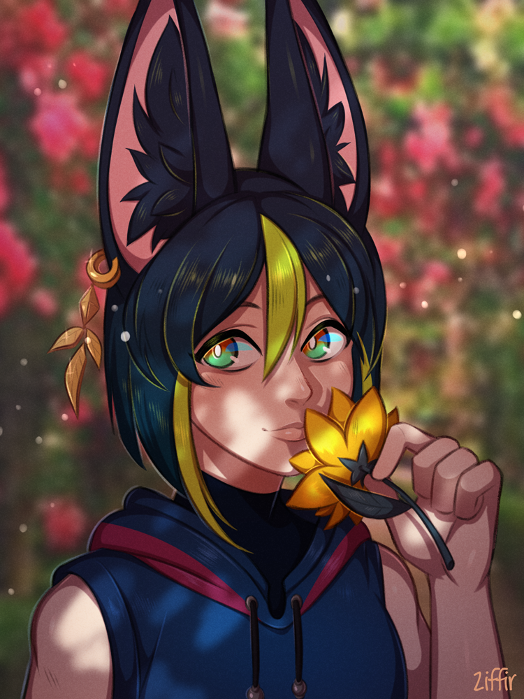 Safebooru - 1boy alternate eye color animal ears artist name black hair closed mouth flower fox ...