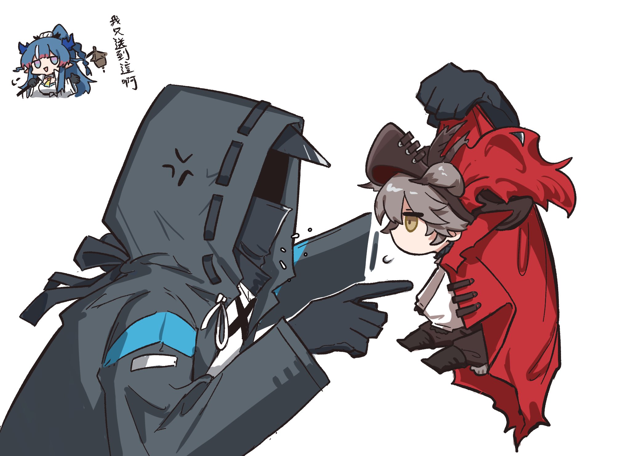 Safebooru - 1boy 1girl 1other anger vein arknights black gloves black headwear black jacket blue ...