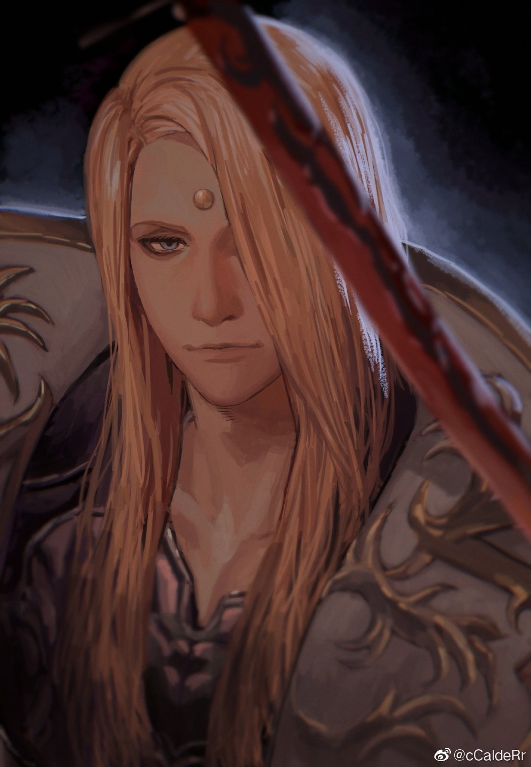 Safebooru - 1boy armor black background blonde hair blue eyes blurry ...