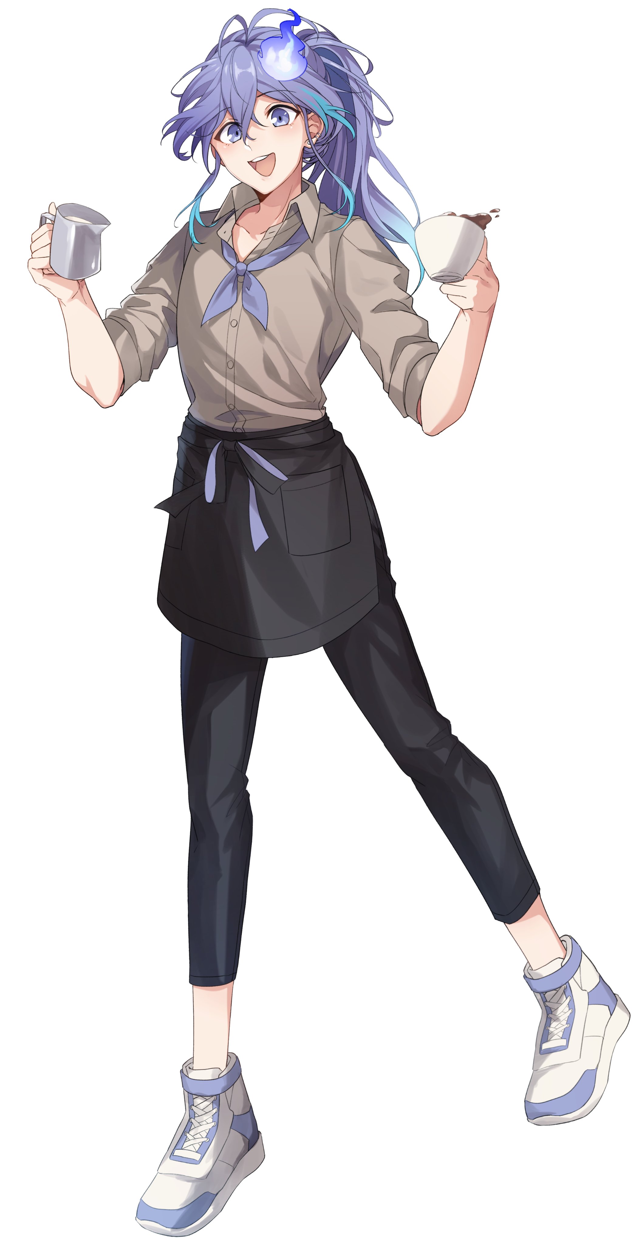 Safebooru - 1boy :d absurdres akaie11 alternate costume antenna hair apron aqua hair black apron ...
