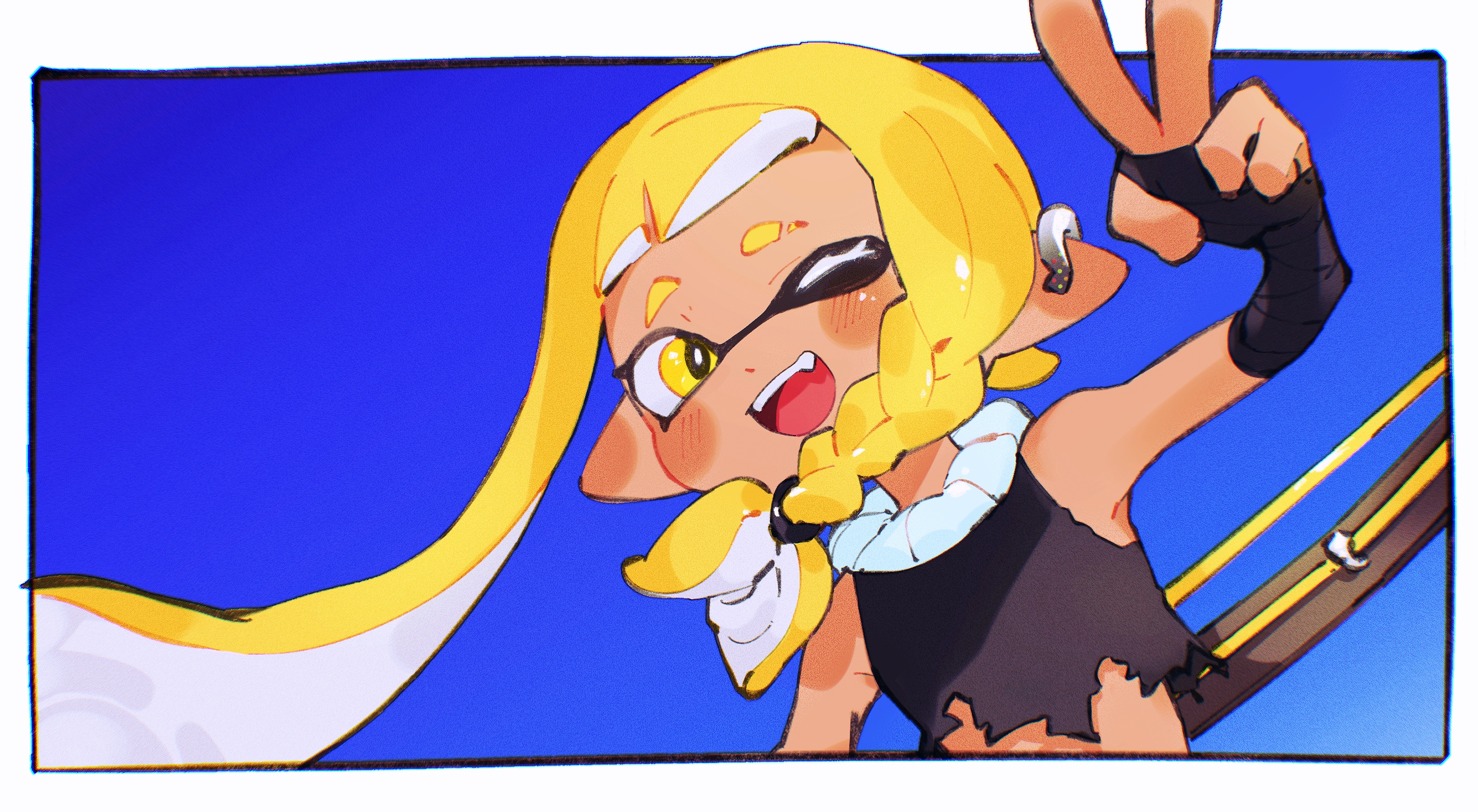 Safebooru - 1girl ;d agent 3 (splatoon 3) asymmetrical hair bandaged arm bandaged hand bandages ...