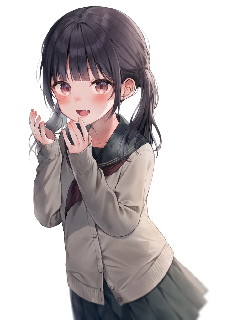Safebooru - 1girl :d bangs black hair black sailor collar black skirt blush breathing on hands ...