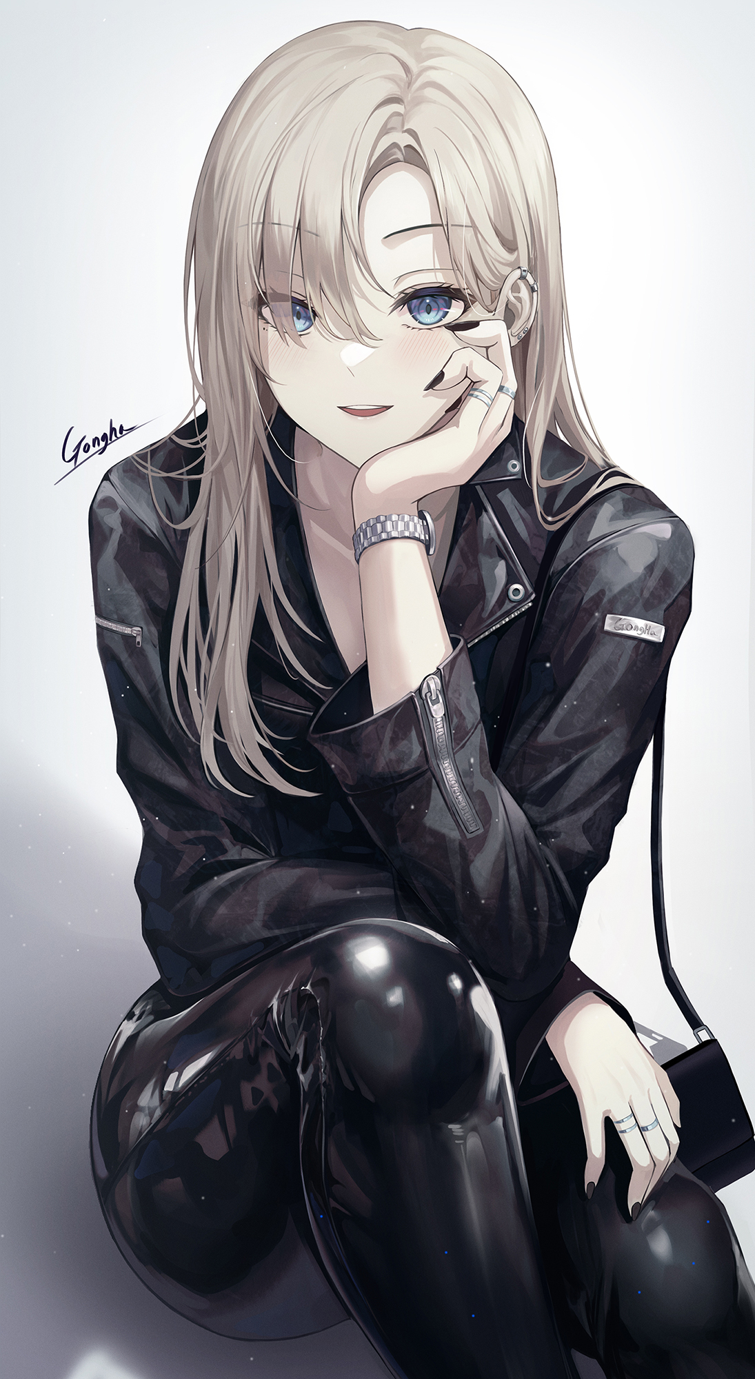 Safebooru - 1girl bag bangs black bag black bodysuit black nails black pants black shirt blonde ...