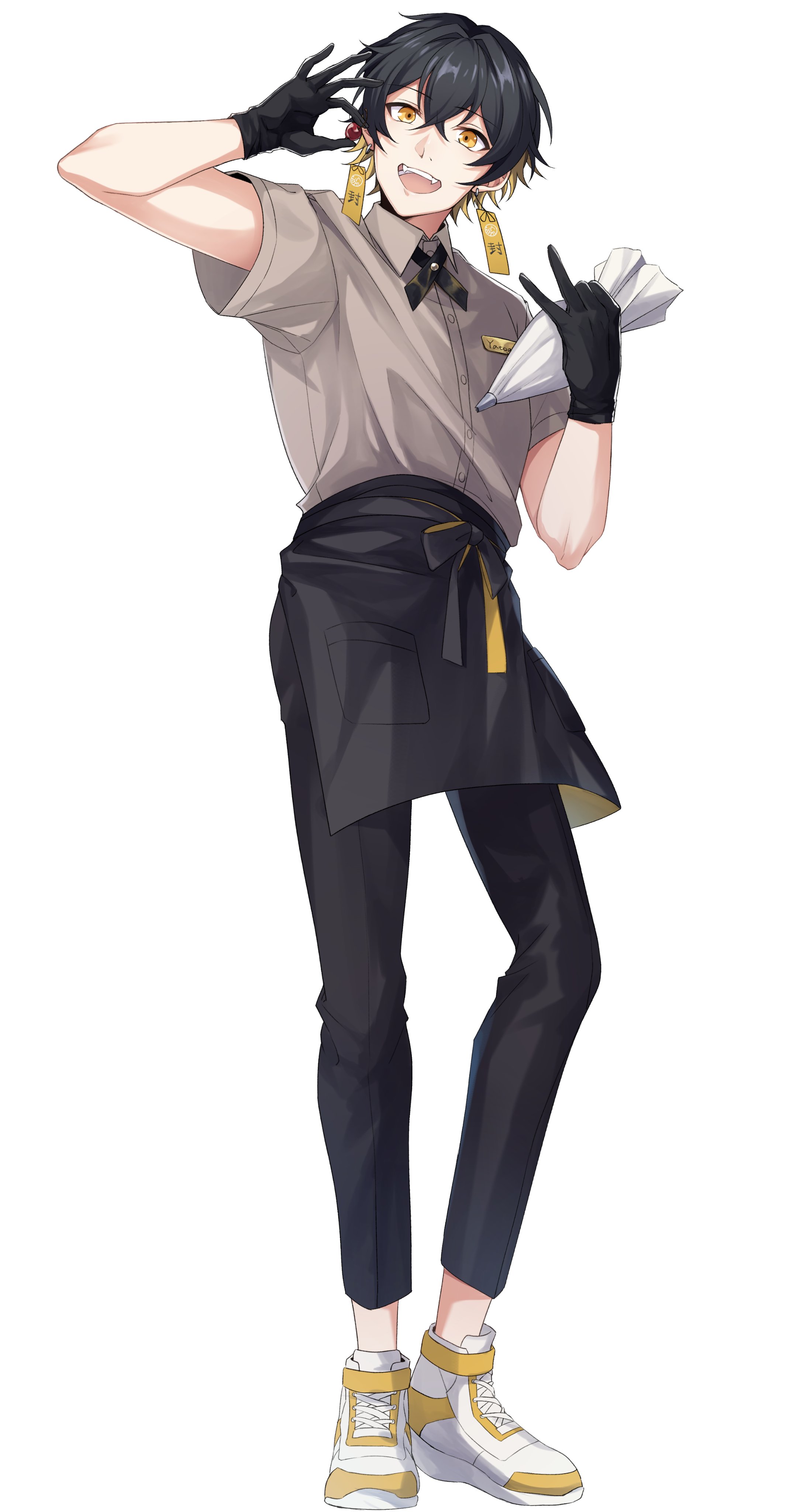 Safebooru - 1boy :d absurdres akaie11 alternate costume apron bangs black apron black gloves ...