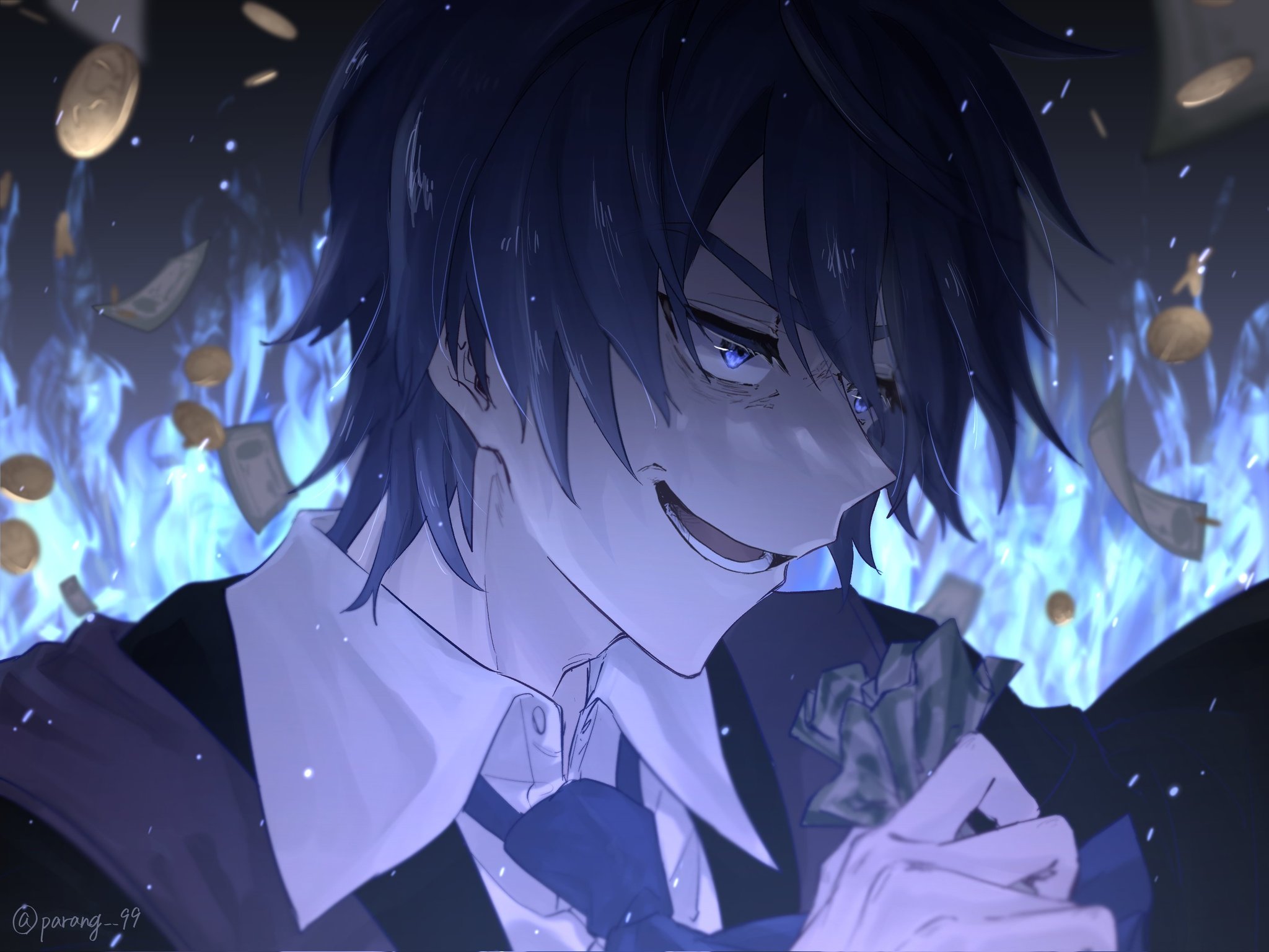 Safebooru - 1boy akutoku no judgement (vocaloid) bags under eyes black robe blue eyes blue fire ...