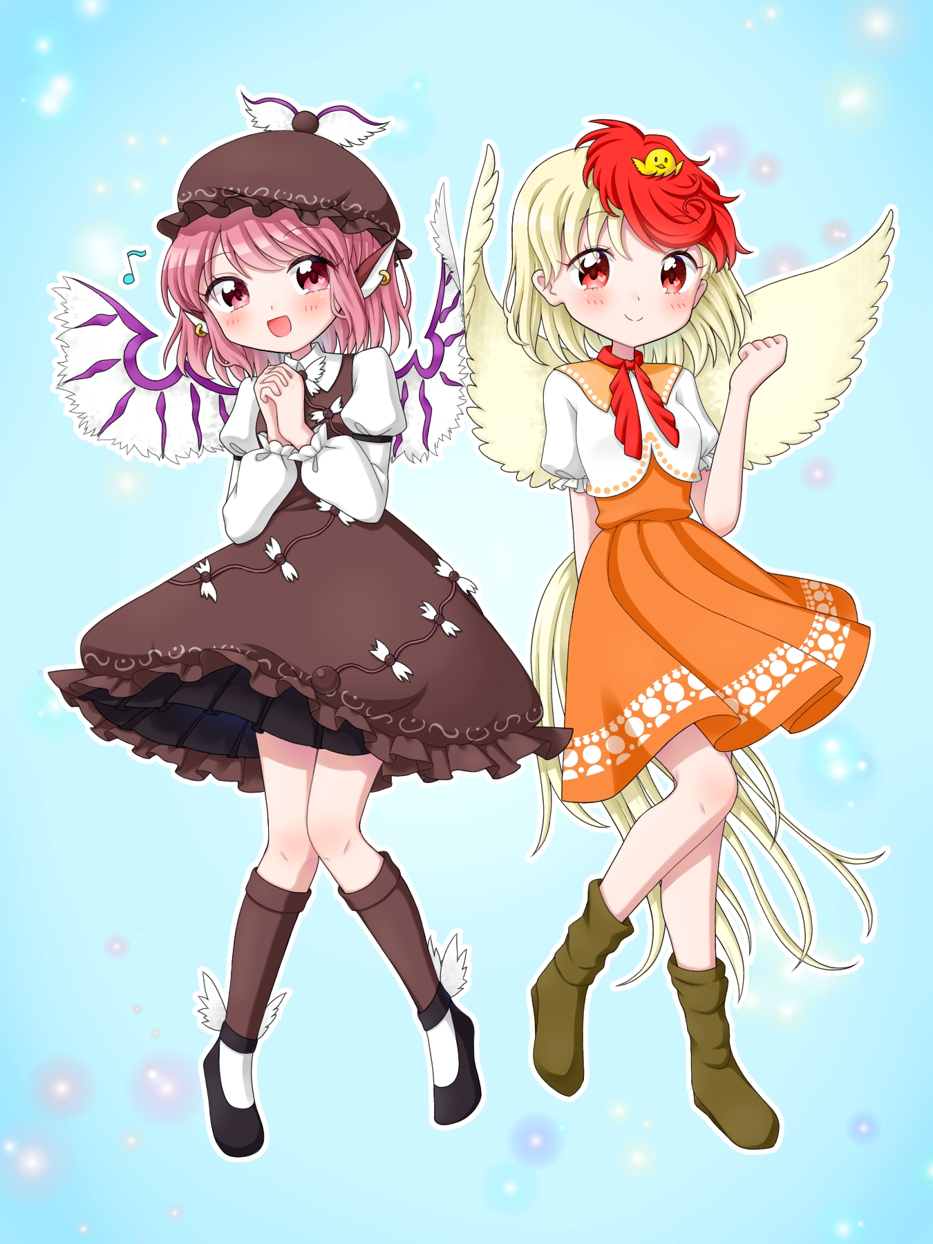 Safebooru - 2girls animal animal ears animal on head bird bird ears bird on head bird tail bird ...