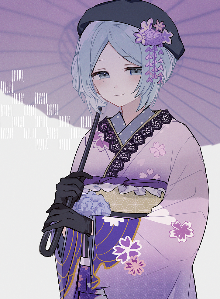 Safebooru - 1girl asa no ha (pattern) bangs beret black gloves black headwear blue eyes blue ...