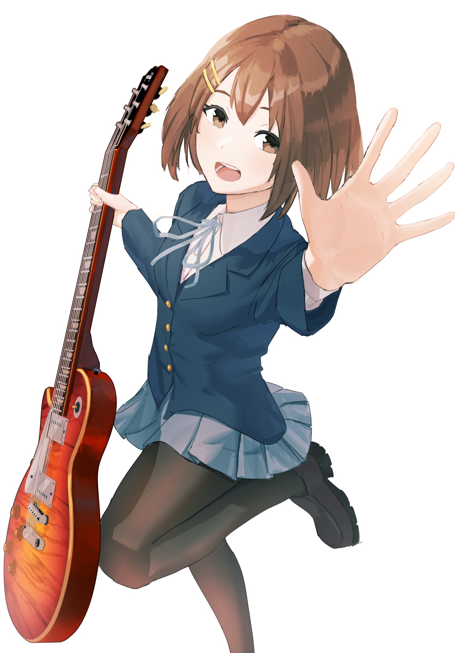 Safebooru - 1girl bangs black footwear black pantyhose blazer blue jacket blue ribbon blue skirt ...