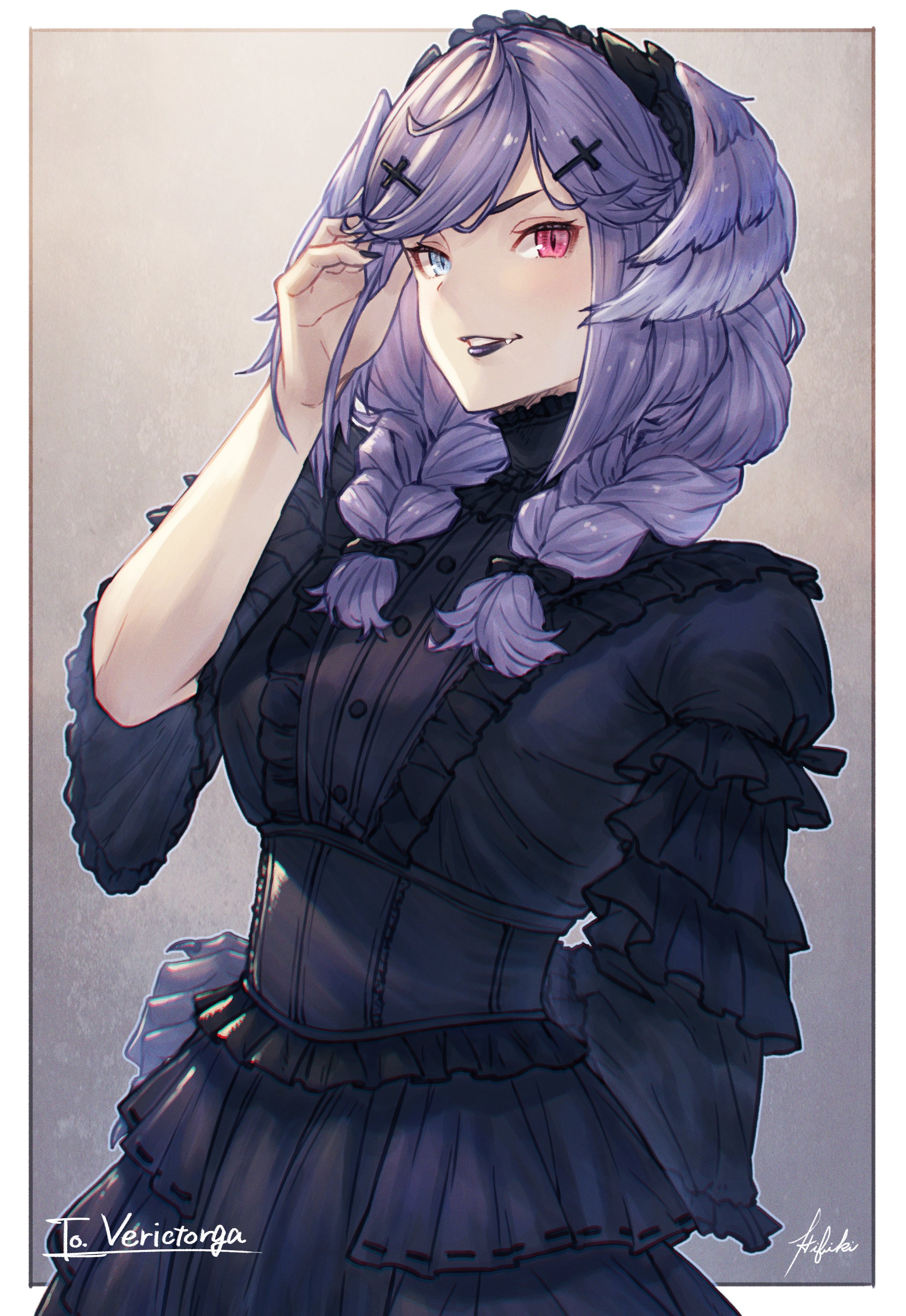 Safebooru - 1girl absurdres arm behind back black bow black lips black nails blue eyes bow braid ...