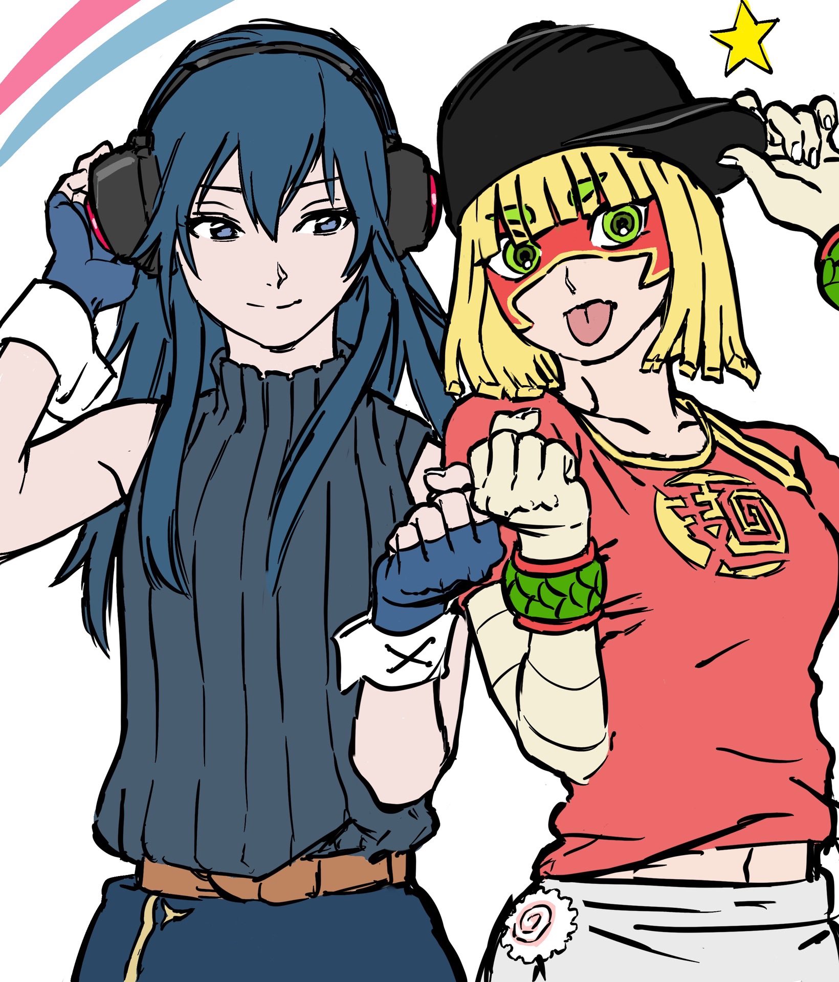 Safebooru - 2girls :p arms (game) baseball cap black headwear blonde hair blue eyes blue hair ...