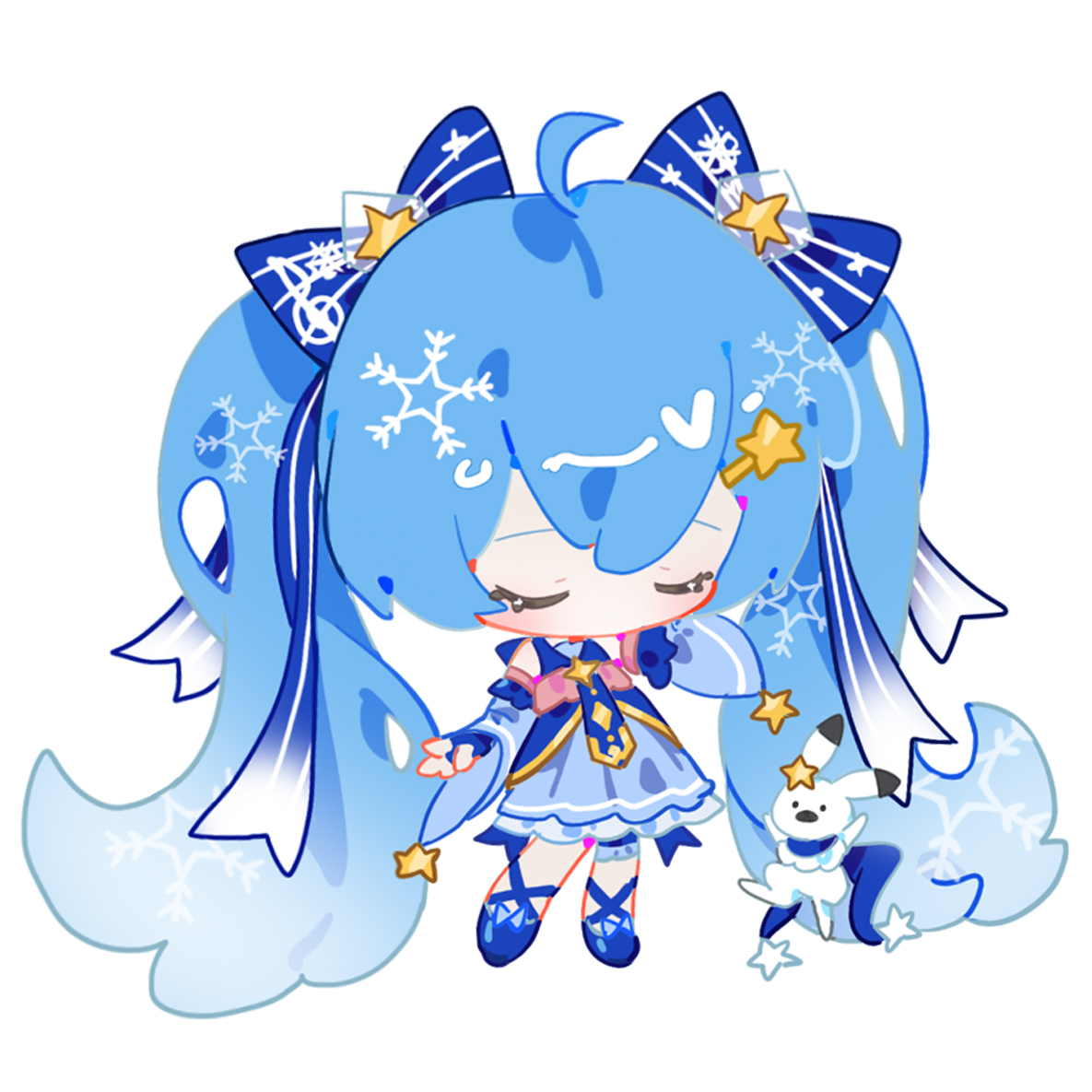 Safebooru - 1girl ahoge animal blue dress blue footwear blue gloves blue hair blue ribbon blue ...