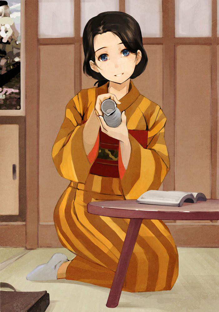 Safebooru - 1girl bangs black eyes black hair blonde hair book bottle ...