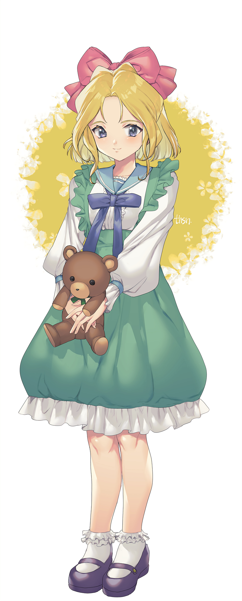 Safebooru - 1girl blonde hair blue eyes bow closed mouth dress full body hair bow highres iris ...