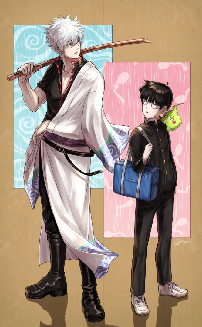 Safebooru - 3boys artist name aya shiro423 bag bangs black footwear ...