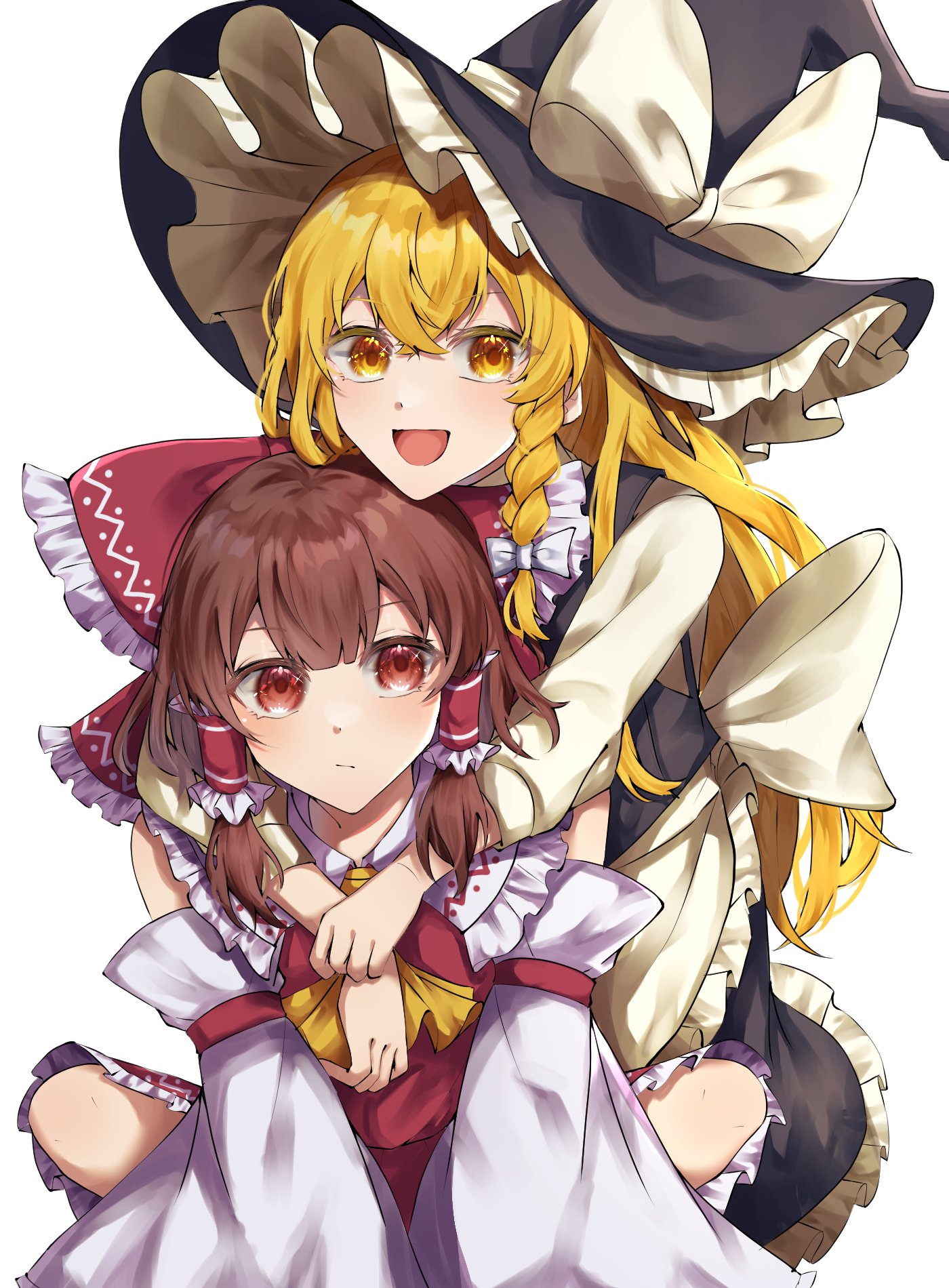 Safebooru - 2girls apron ascot back bow bangs bare shoulders black dress black headwear blonde ...