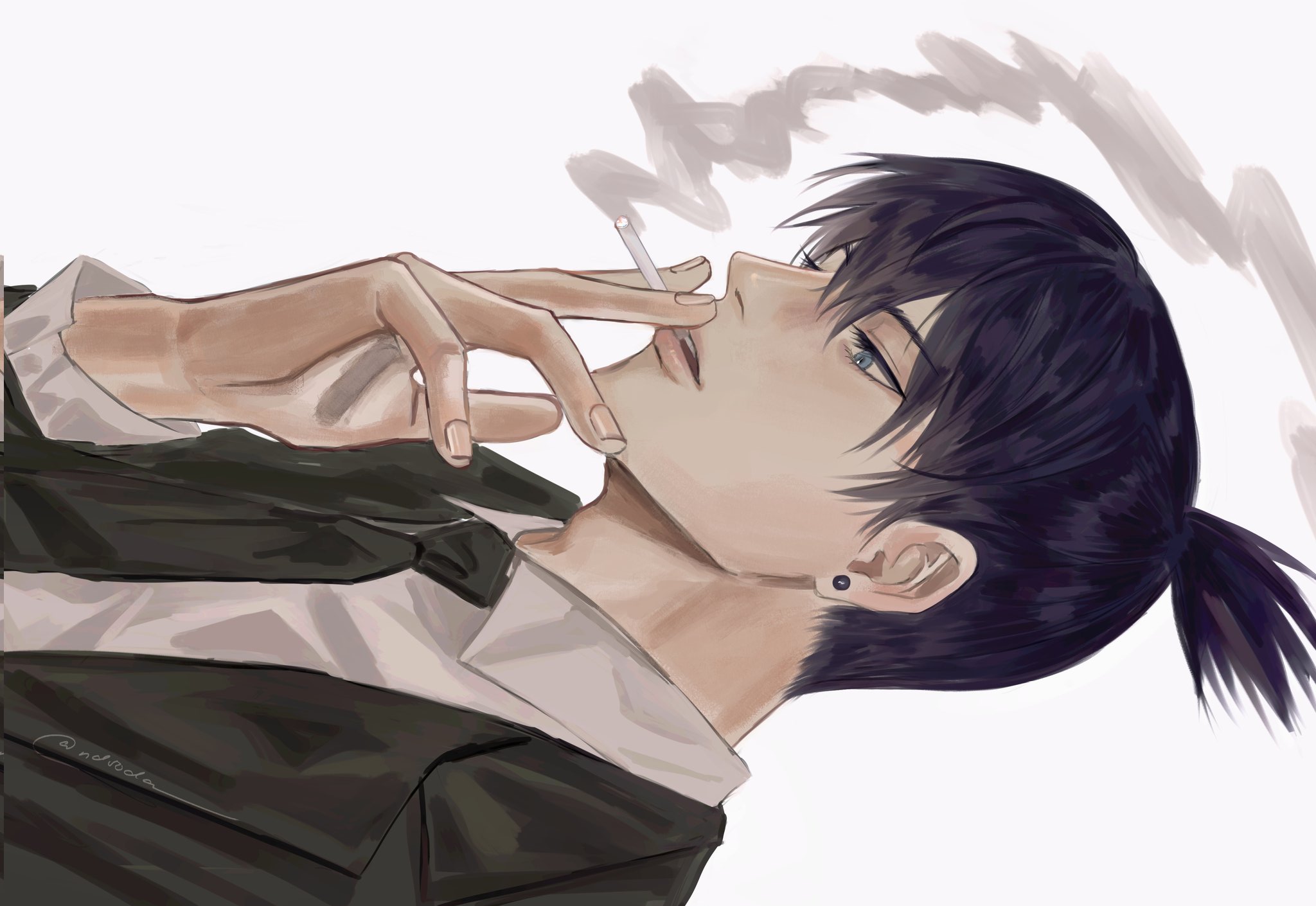 Safebooru - 1boy black hair black necktie black suit blue eyes chainsaw man cigarette collared ...