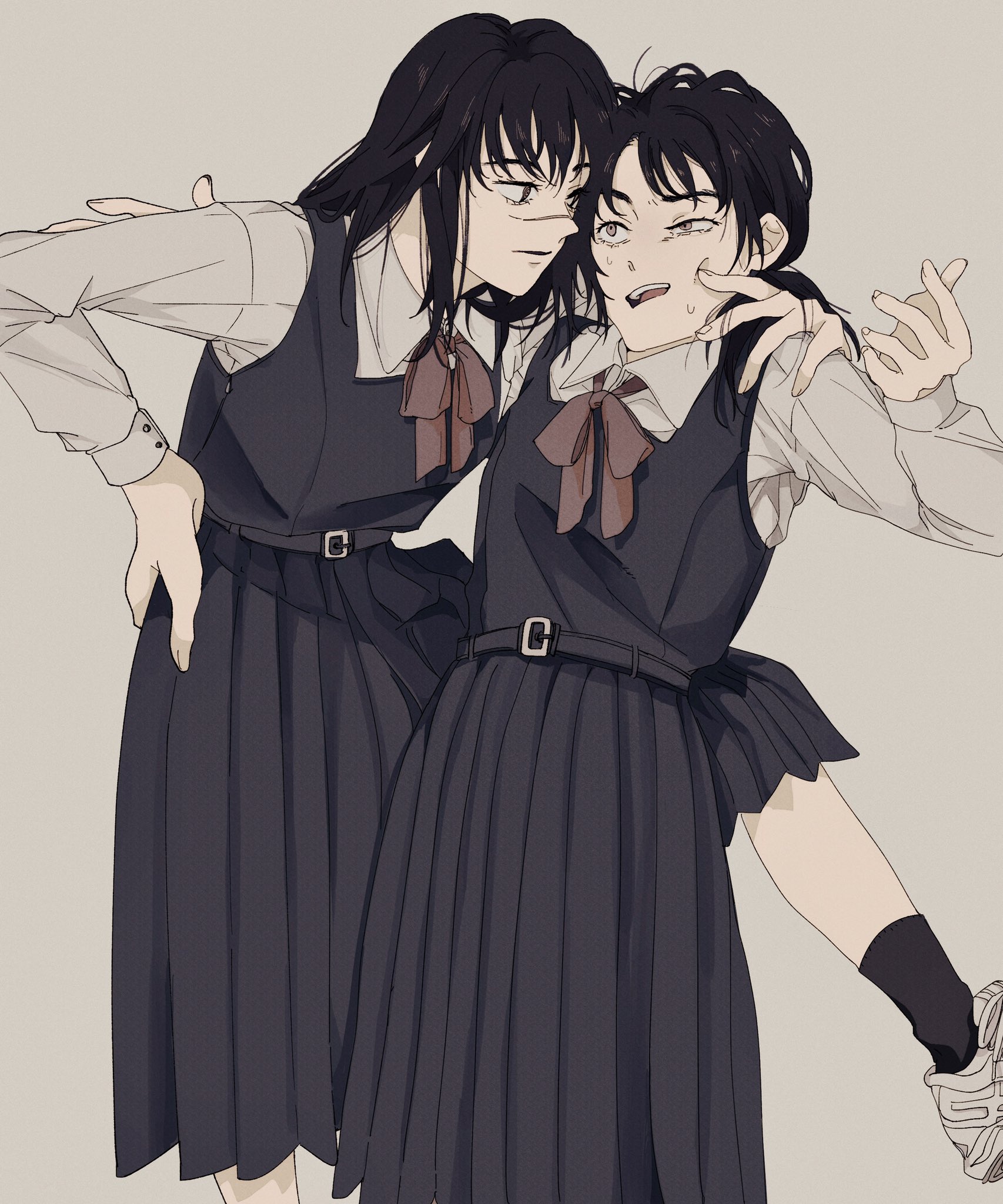 Safebooru - 2girls bangs belt black hair bow chainsaw man cheek poking collared shirt confused ...