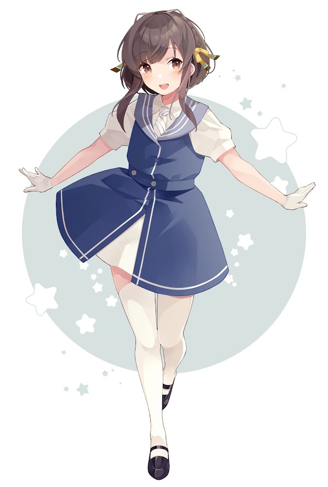 Safebooru - 1girl black footwear blue dress blush brown eyes brown hair collared shirt diagonal ...