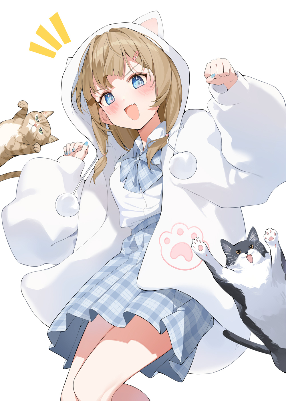 Safebooru - 1girl :d animal animal ears animal hood bangs blue bow blue eyes blue nails blue ...